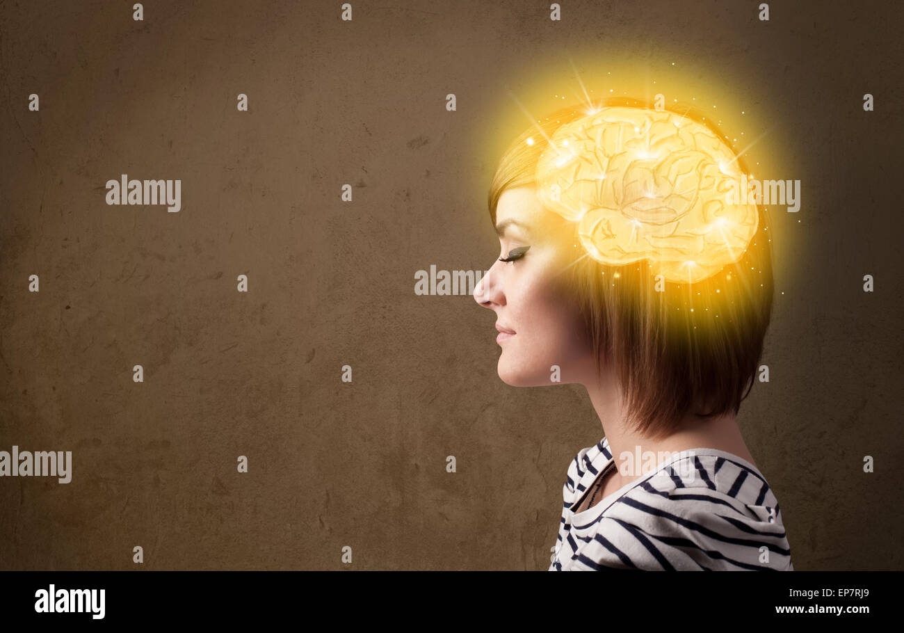 Young girl thinking with glowing brain illustration Stock Photo - Alamy