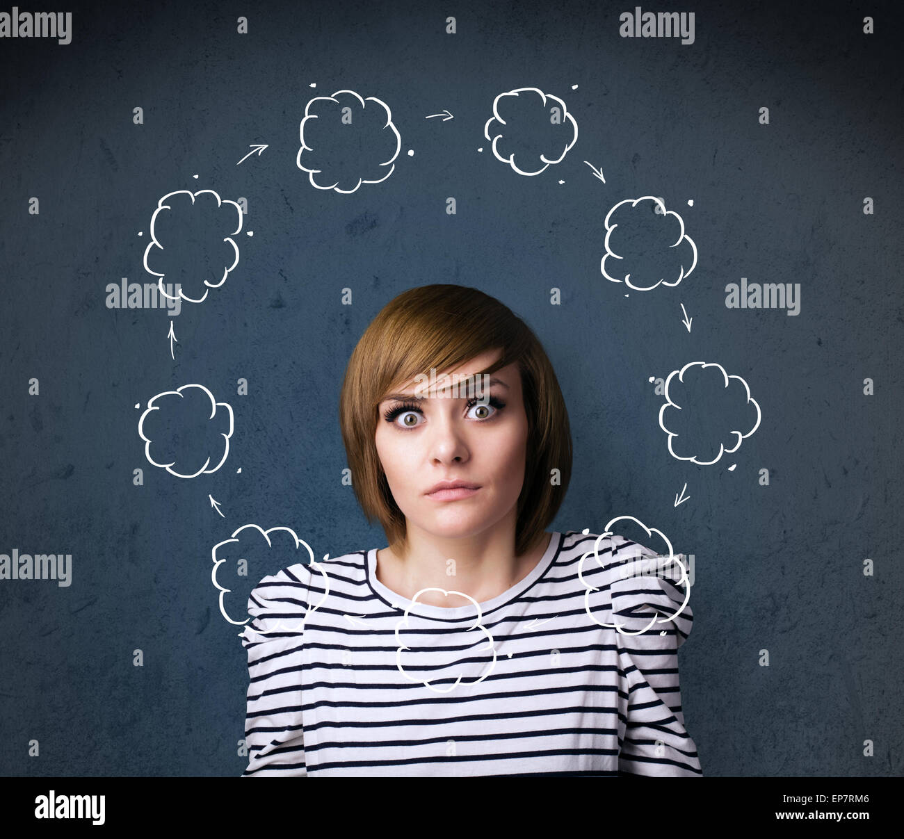 Young woman thinking with cloud circulation around her head Stock Photo ...