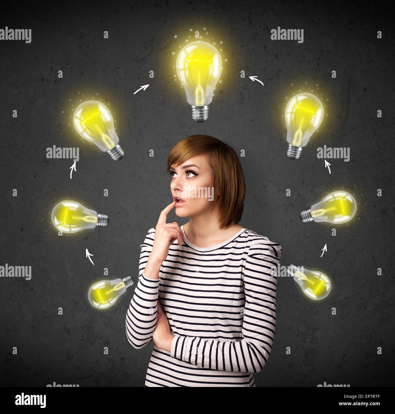 Young woman thinking with lightbulb circulation around her head Stock ...