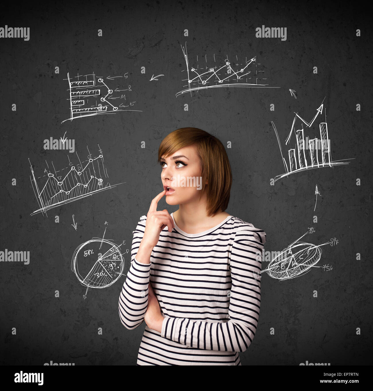 Young woman thinking with charts circulation around her head Stock ...