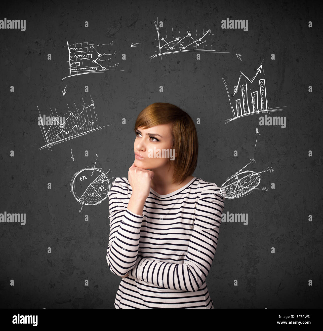 Young woman thinking with charts circulation around her head Stock ...