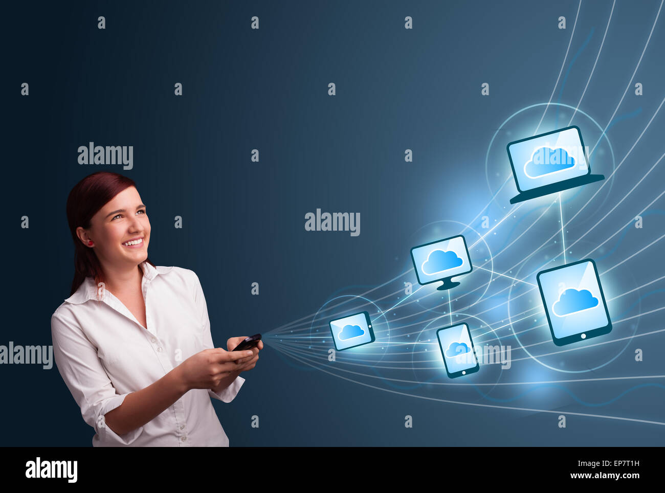 Pretty lady typing on smartphone with cloud computing Stock Photo - Alamy
