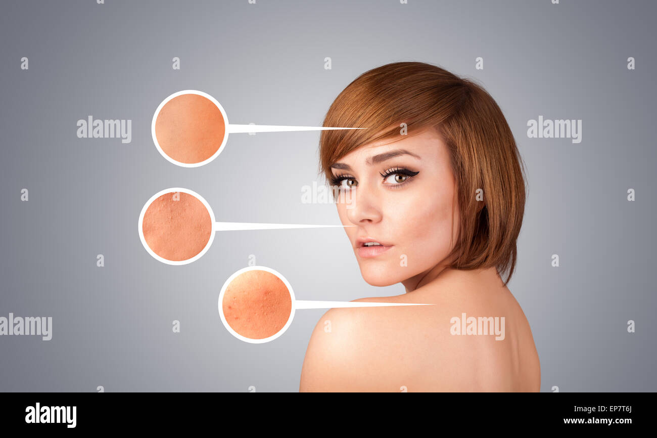 Beautiful young girl with facial care arrow signs of damaged skin Stock ...