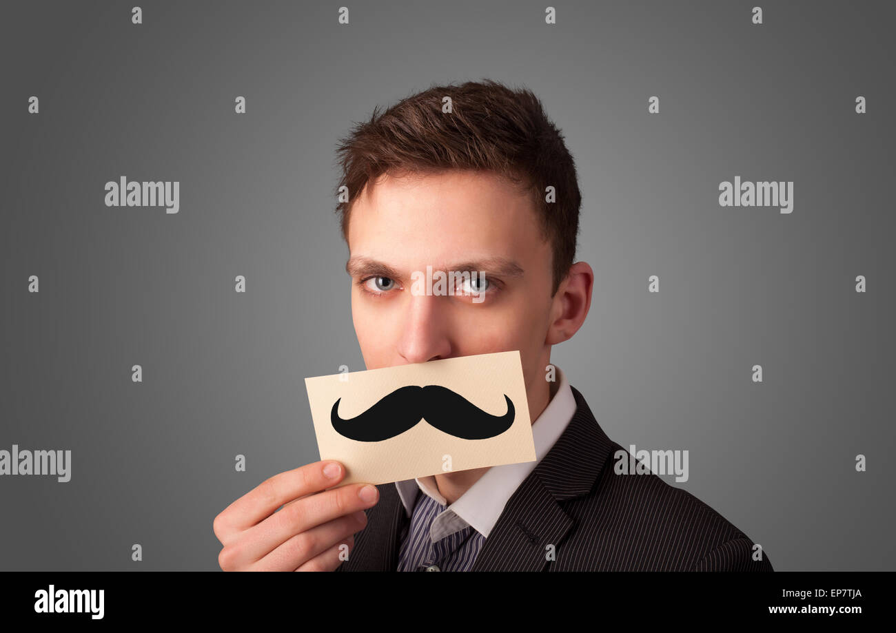 Happy businessman holding funny mustache card on his mouth Stock Photo ...