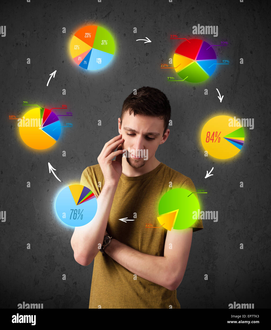 Young man thinking with pie charts circulation around his head Stock ...