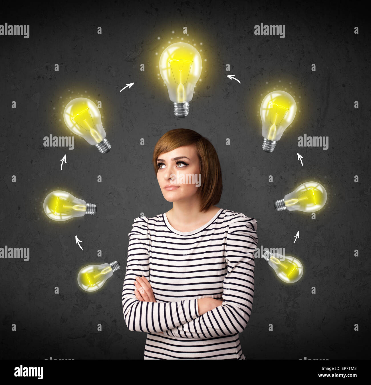 Young woman thinking with lightbulb circulation around her head Stock ...