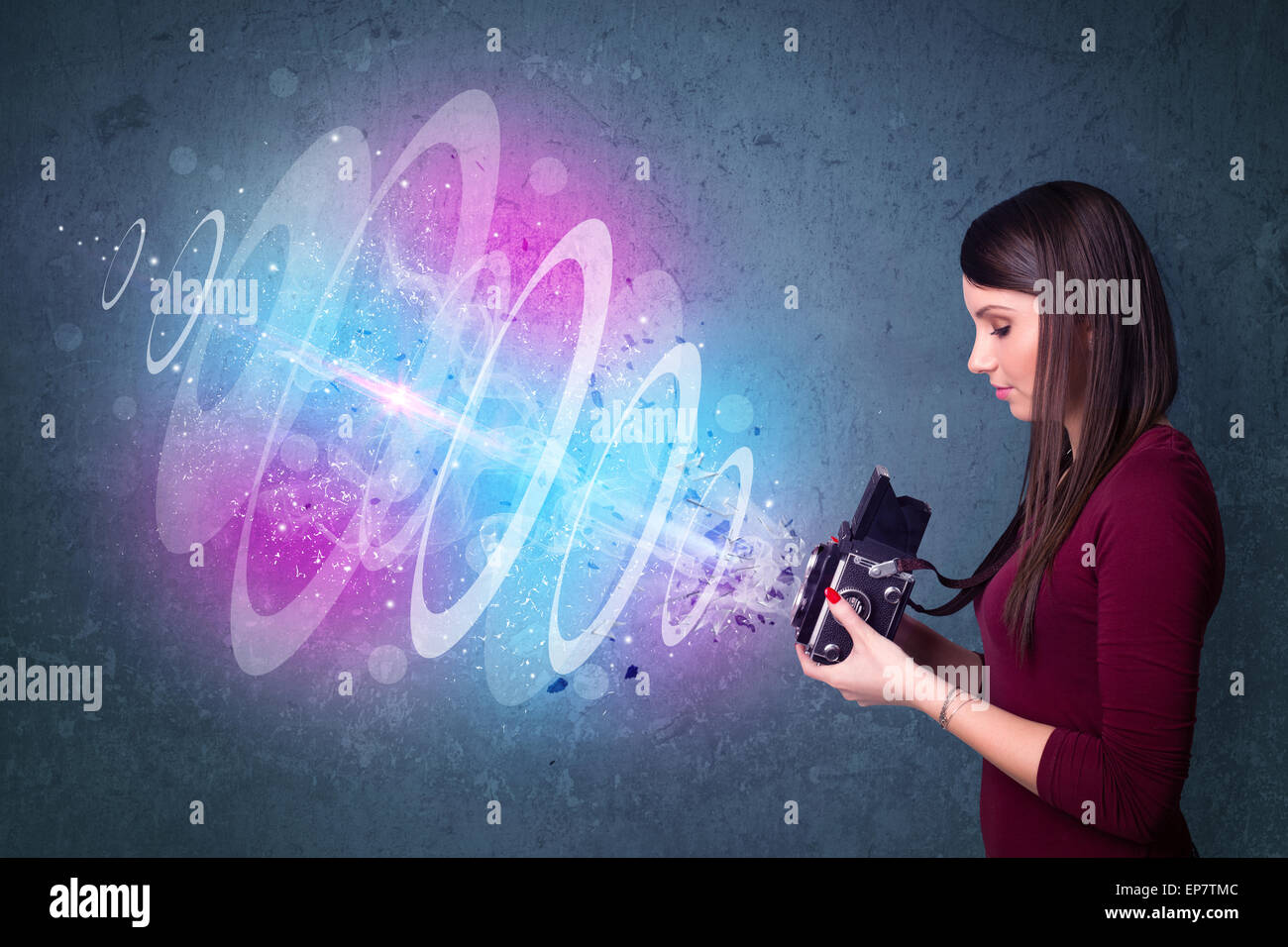 Photographer girl making photos with powerful light beam Stock Photo ...
