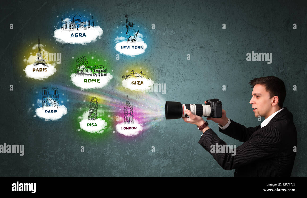 Tourist photographer making images of famous places around the world ...