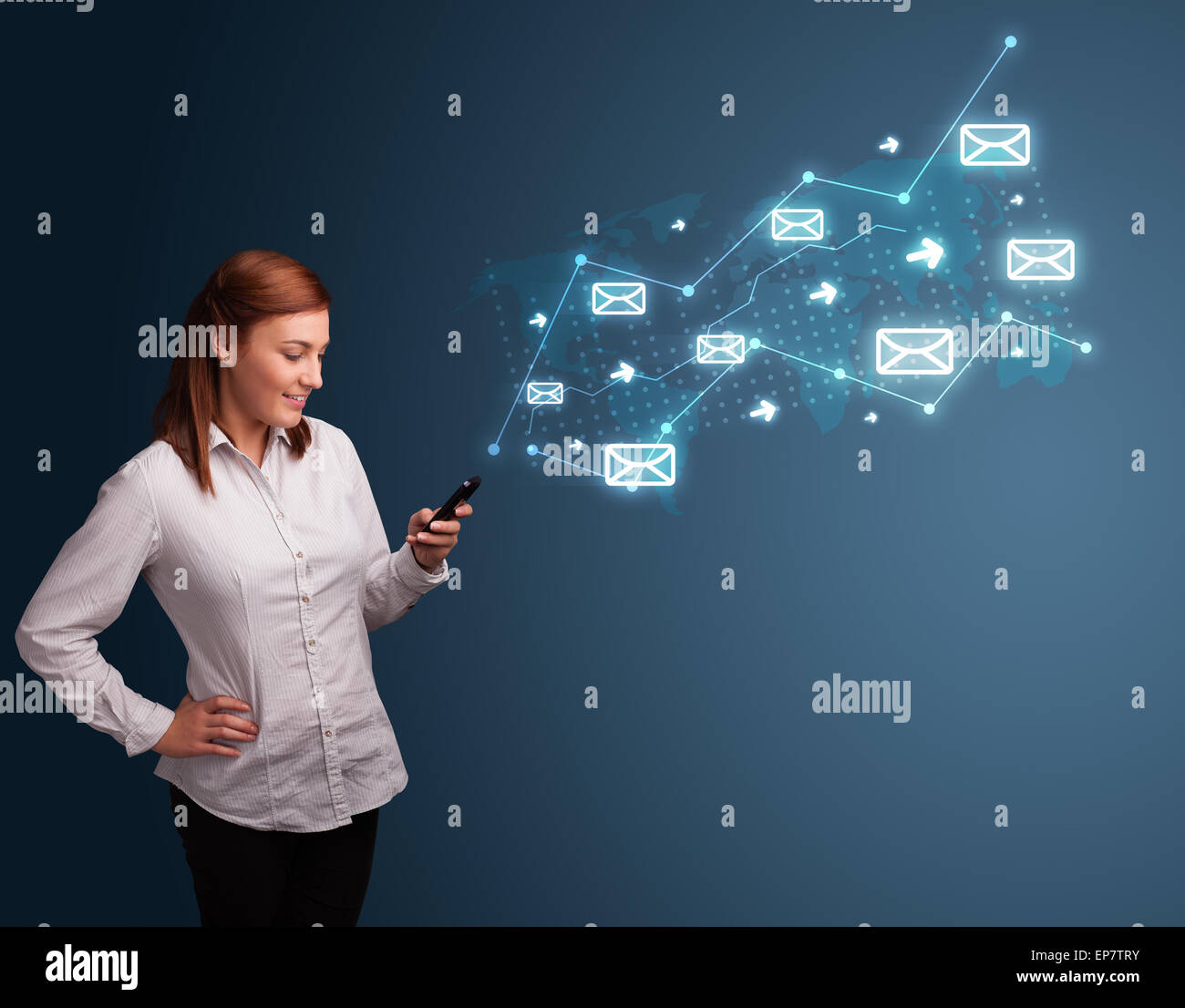 Young lady holding a phone with arrows and message icons Stock Photo ...