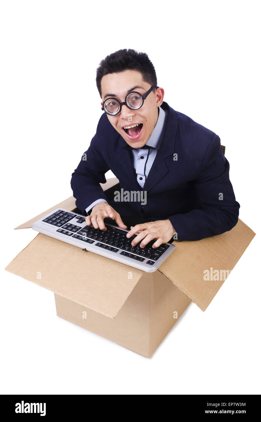 Funny computer geek sitting in the box Stock Photo - Alamy