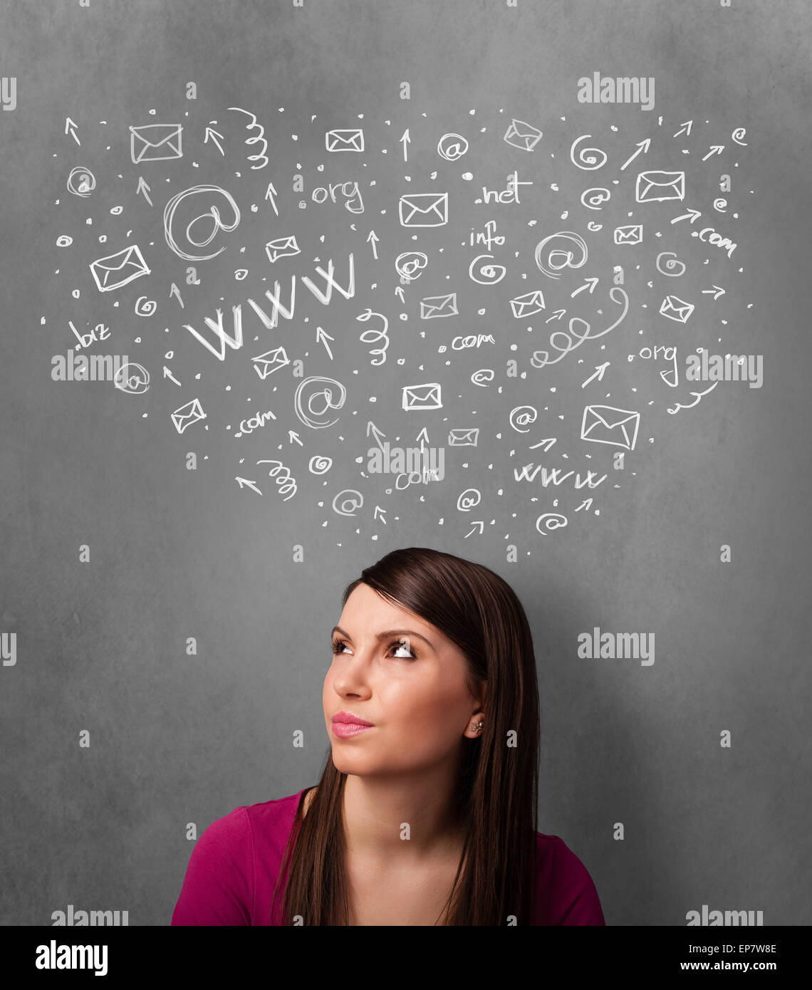 Young woman thinking with social network icons above her head Stock ...