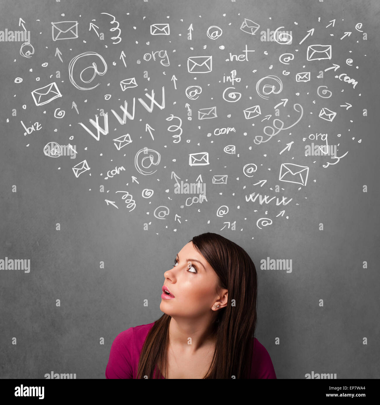Young woman thinking with social network icons above her head Stock ...