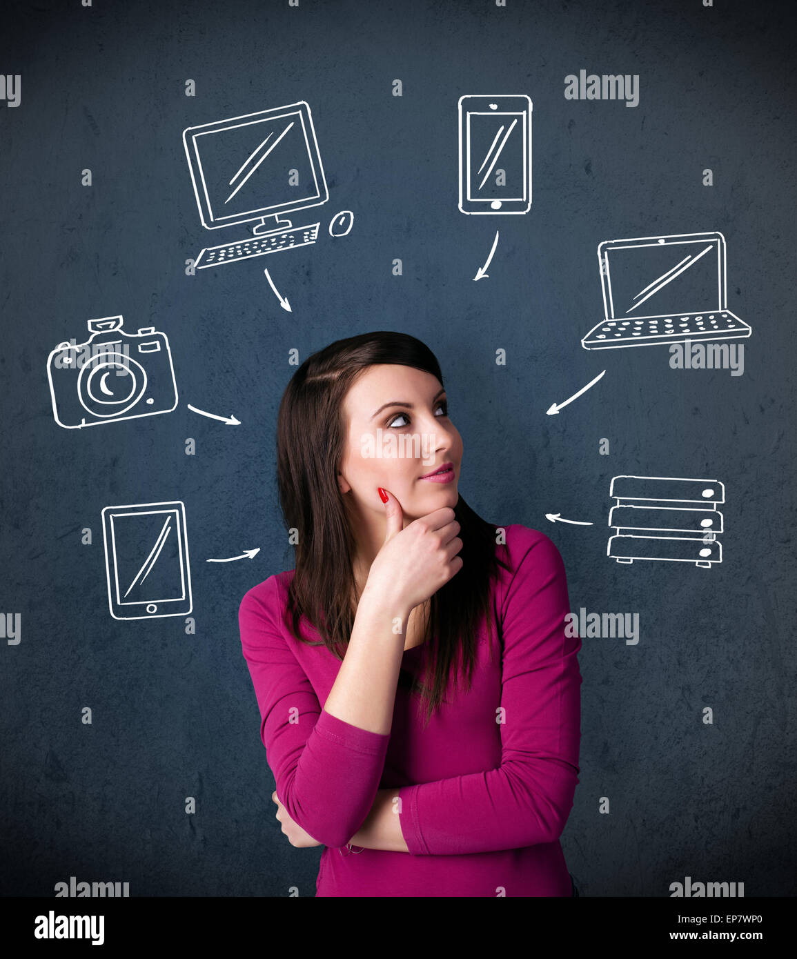 Young woman thinking with drawn gadgets around her head Stock Photo - Alamy