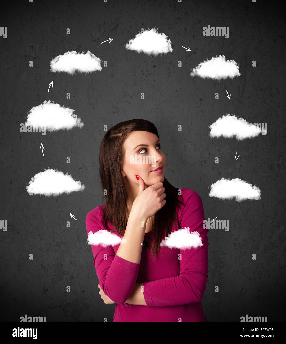 Young woman thinking with cloud circulation around her head Stock Photo ...