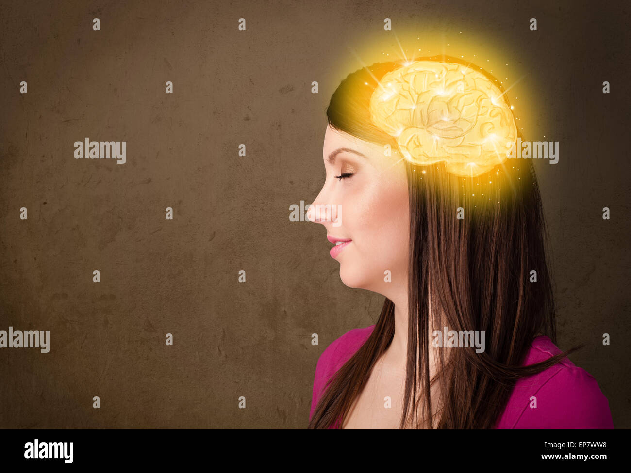 Young girl thinking with glowing brain illustration Stock Photo - Alamy