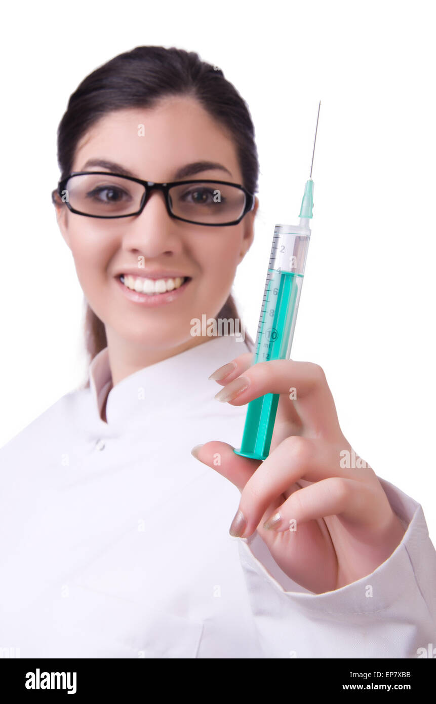 Woman doctor with syringe on white Stock Photo - Alamy
