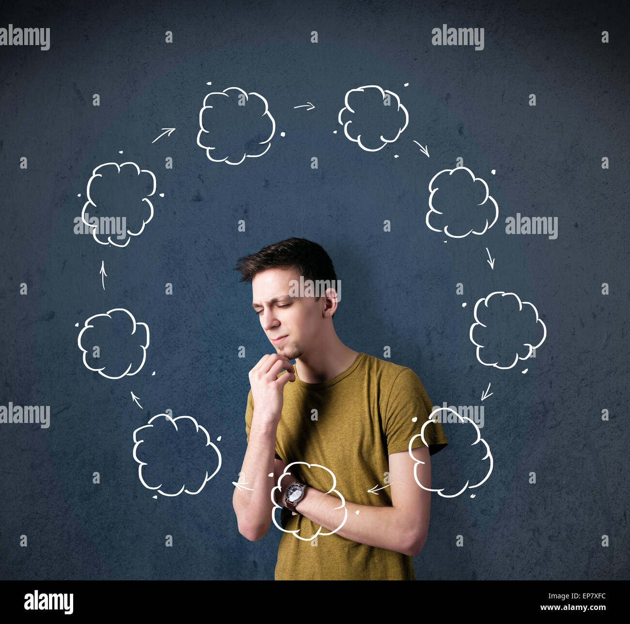 Young man thinking with cloud circulation around his head Stock Photo ...