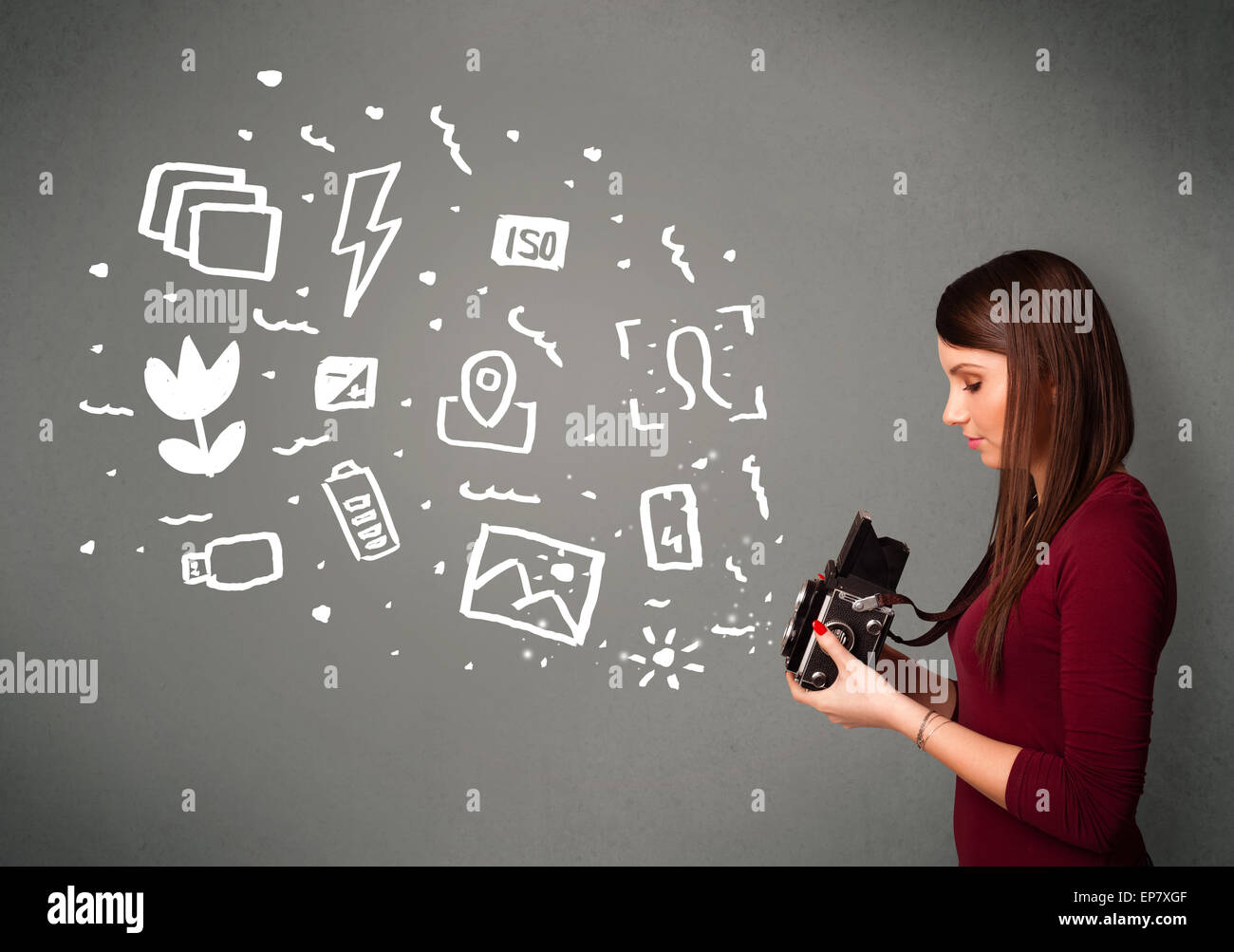 Photographer girl capturing white photography icons and symbols Stock ...