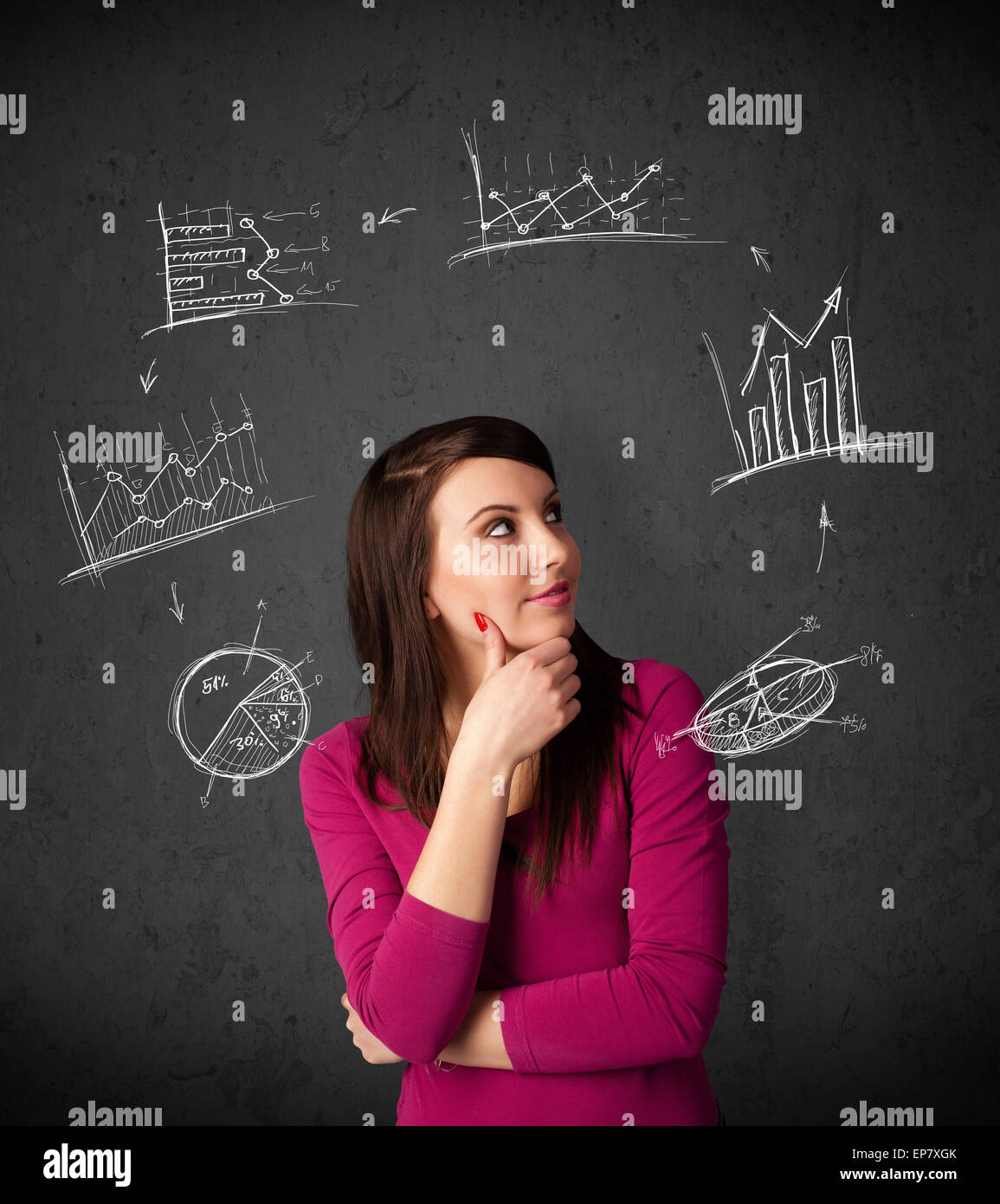 Young woman thinking with charts circulation around her head Stock ...