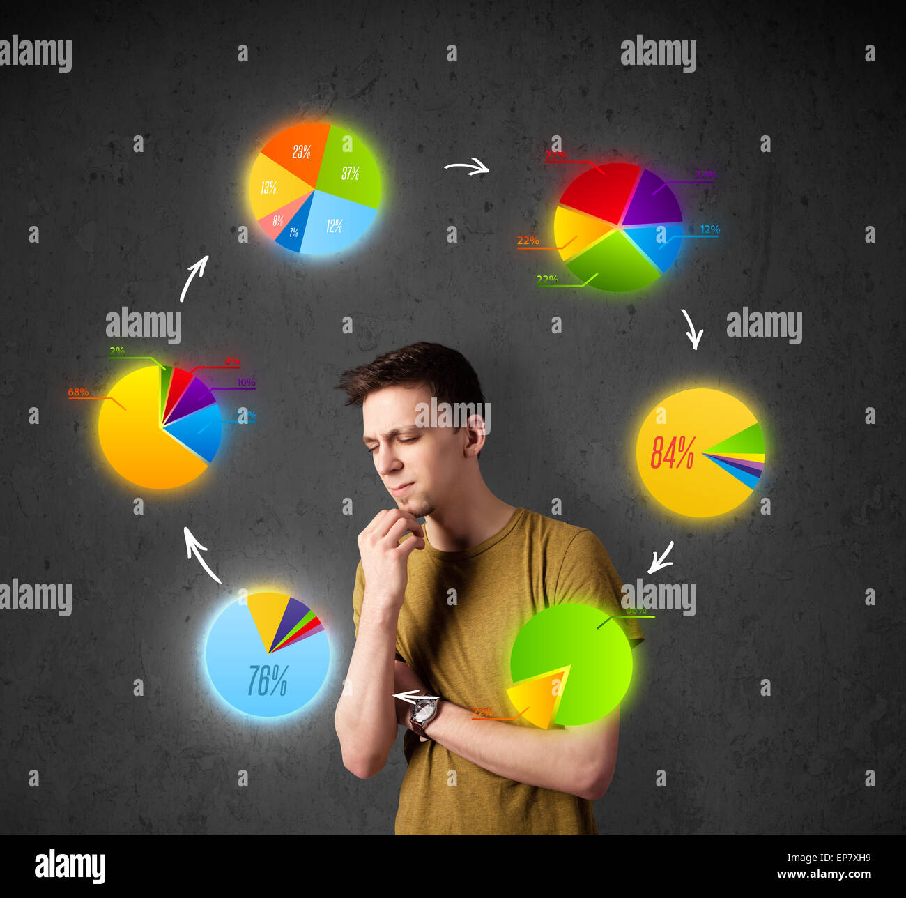 Young man thinking with pie charts circulation around his head Stock ...
