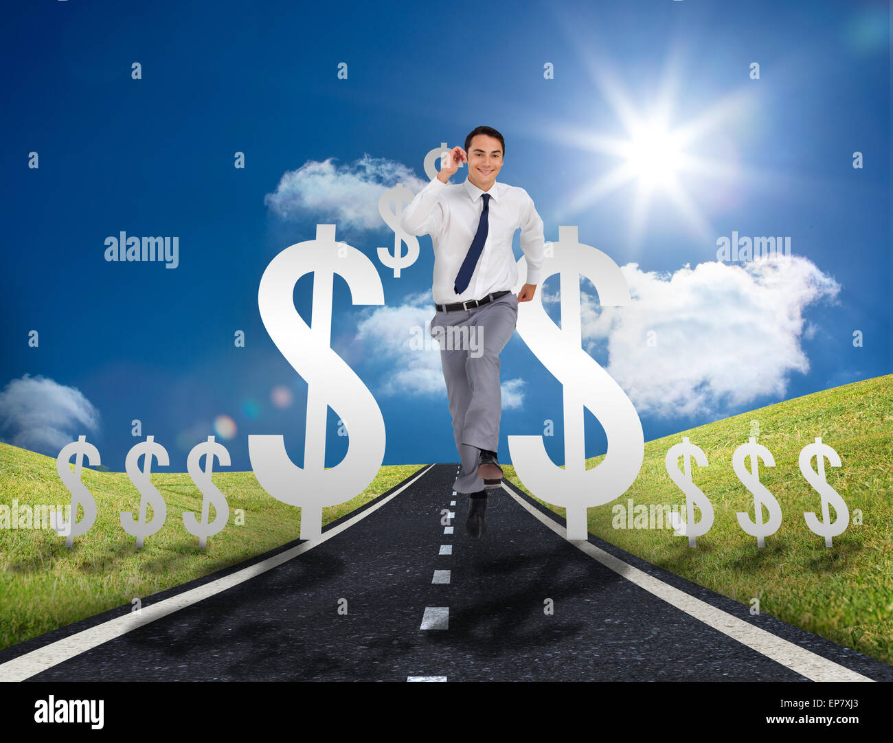 Businessman running on a road with dollar signs Stock Photo - Alamy