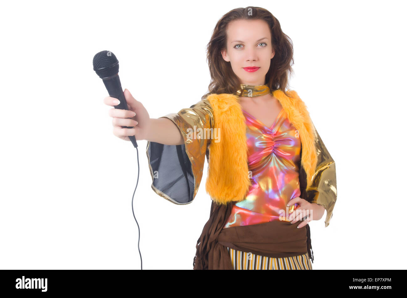 Woman in spanish clothing with mic Stock Photo - Alamy