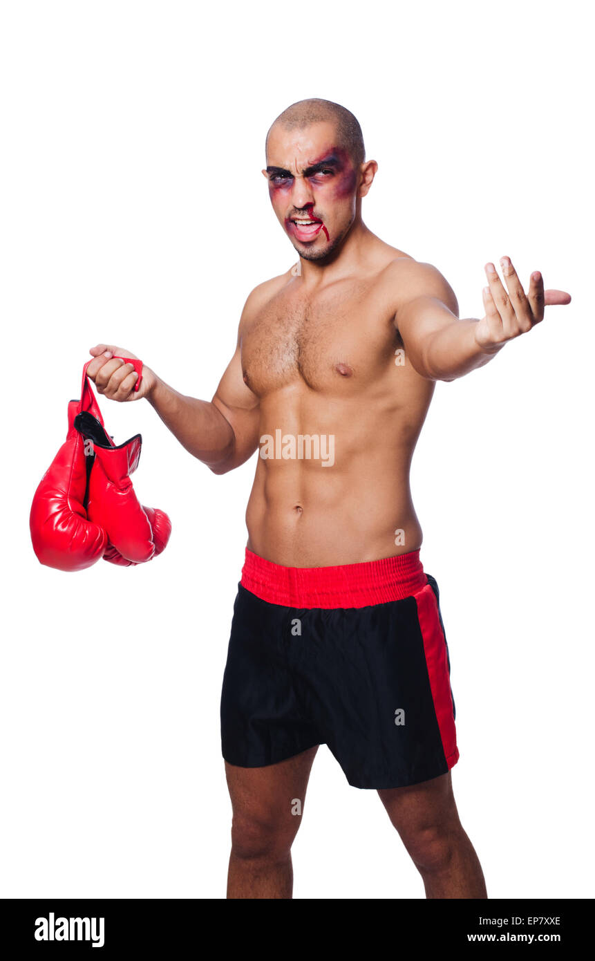 Badly beaten boxer isolated on white Stock Photo - Alamy