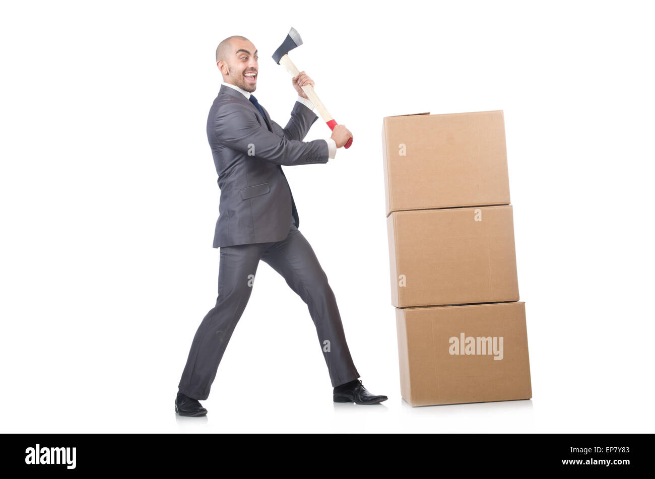 Man with axe and boxes on white Stock Photo - Alamy