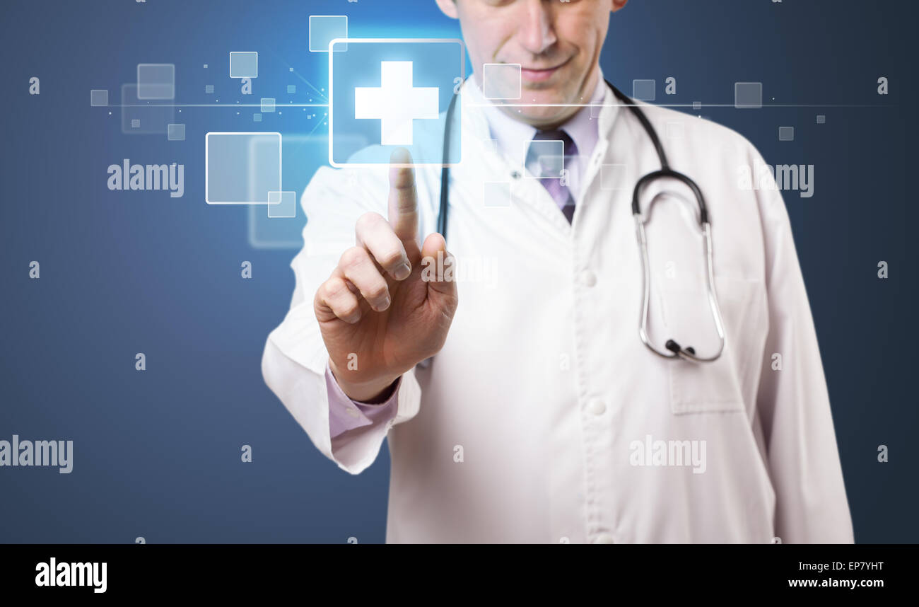 Doctor pressing modern medical type of button Stock Photo - Alamy