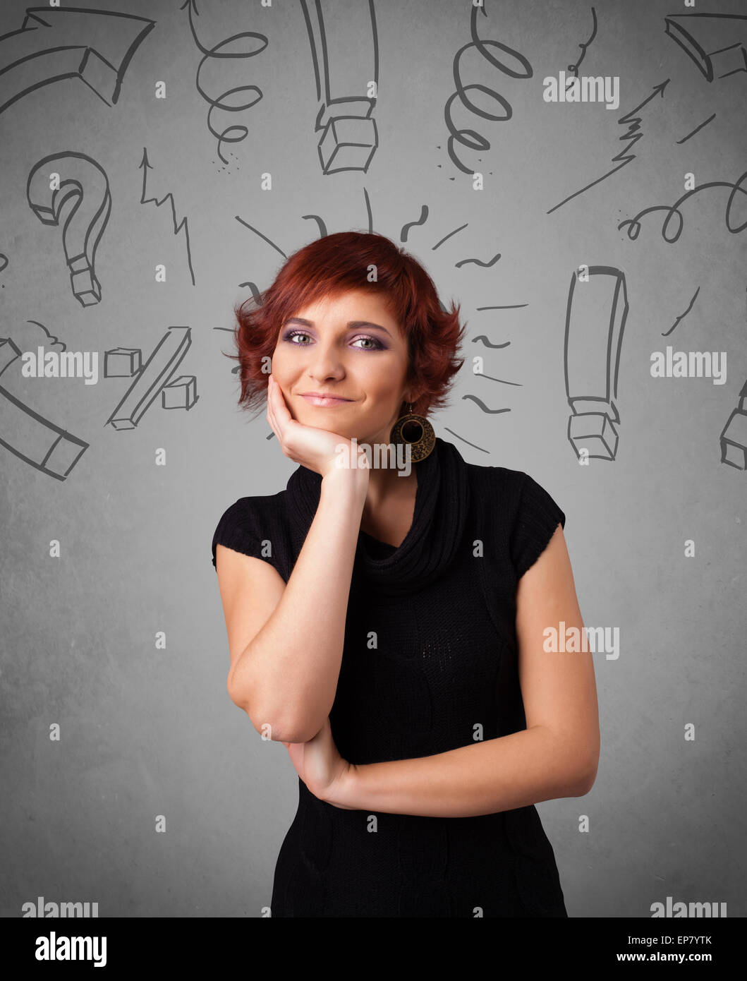 Cute young girl with question sign doodles Stock Photo - Alamy