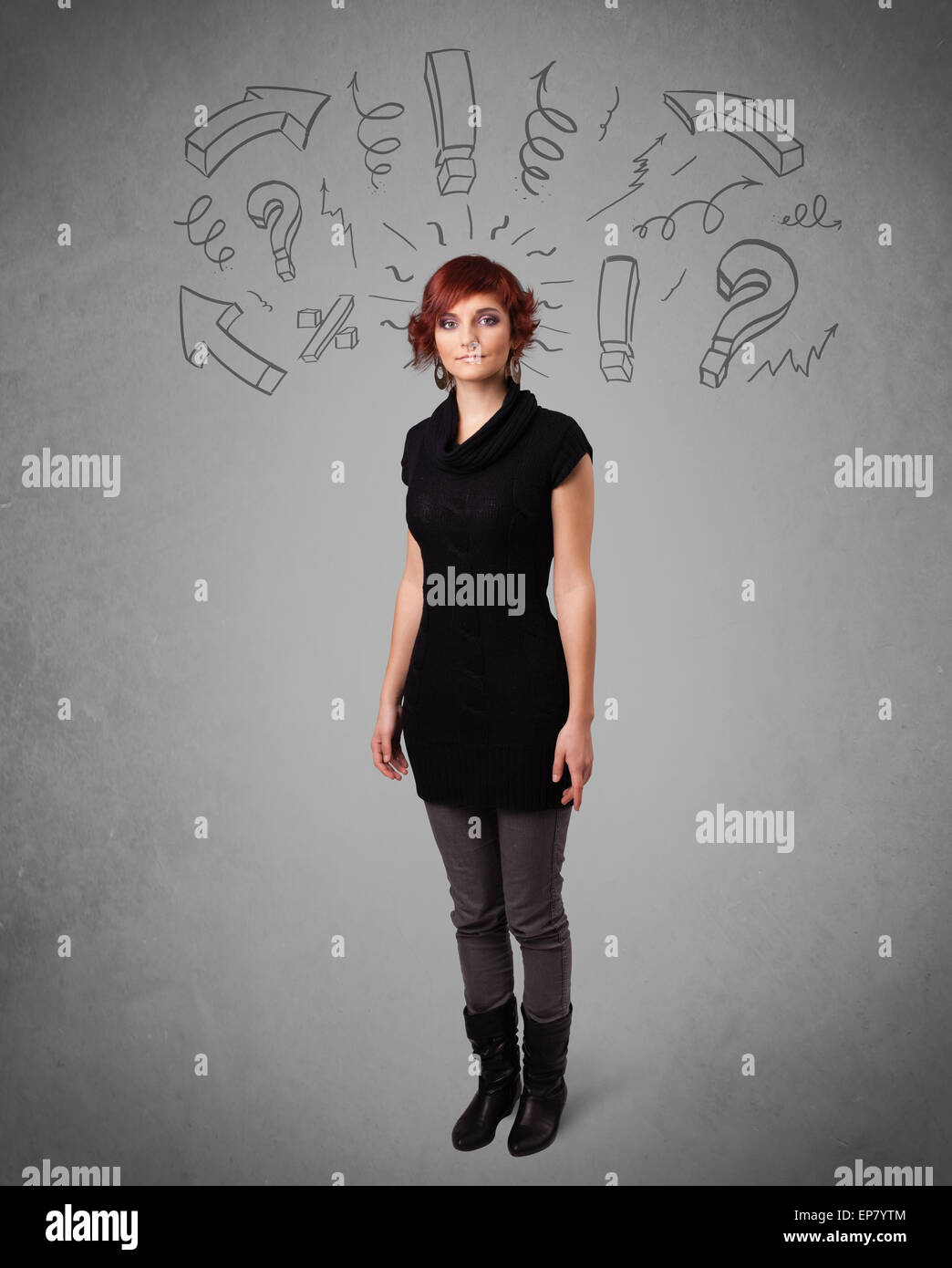 Cute young girl with question sign doodles Stock Photo - Alamy