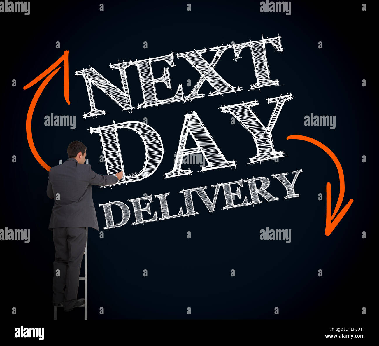 Businessman on ladder writing next day delivery Stock Photo - Alamy