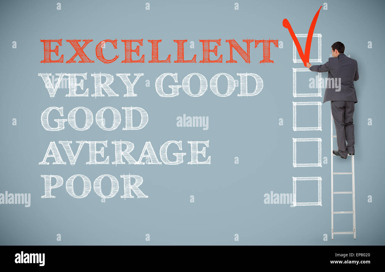 Businessman on a ladder ticking boxes showing opinion terms Stock Photo ...