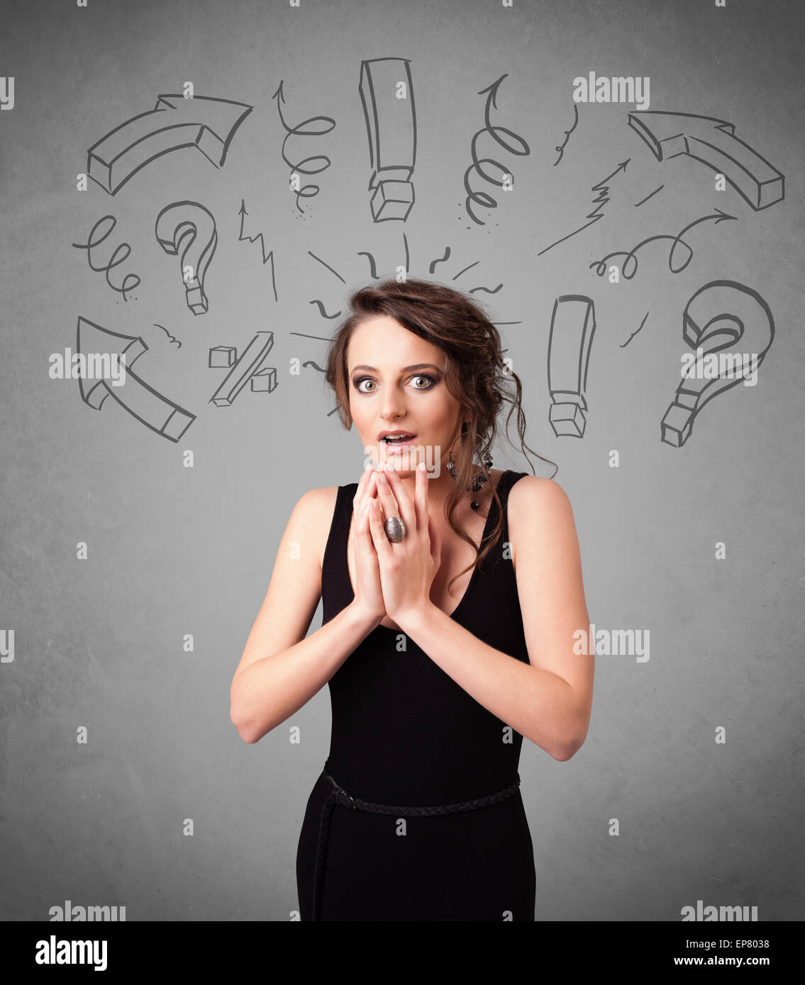 Cute young girl with question sign doodles Stock Photo - Alamy