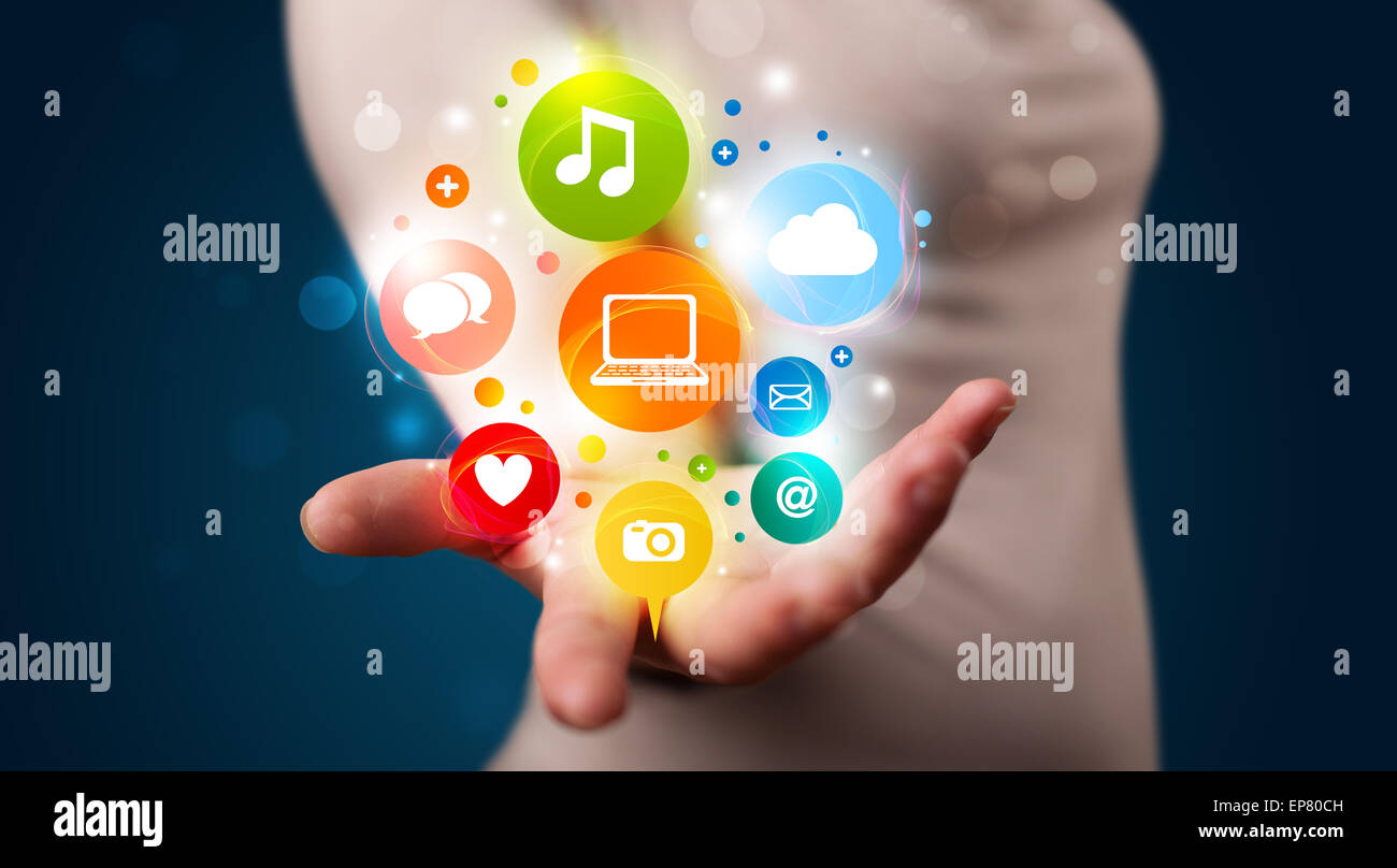 Young woman presenting colorful technology icons and symbols Stock ...