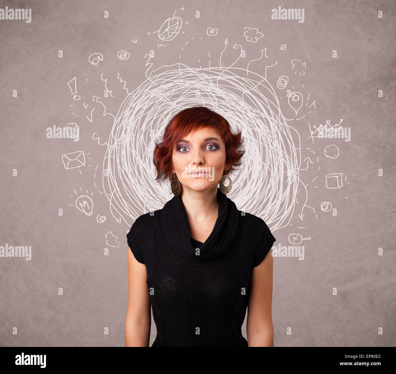 Pretty young girl with abstract circular doodle lines and icons Stock ...
