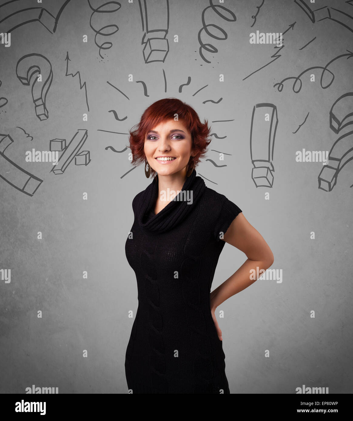 Cute young girl with question sign doodles Stock Photo - Alamy