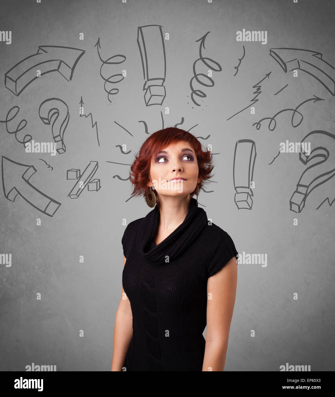 Cute young girl with question sign doodles Stock Photo - Alamy