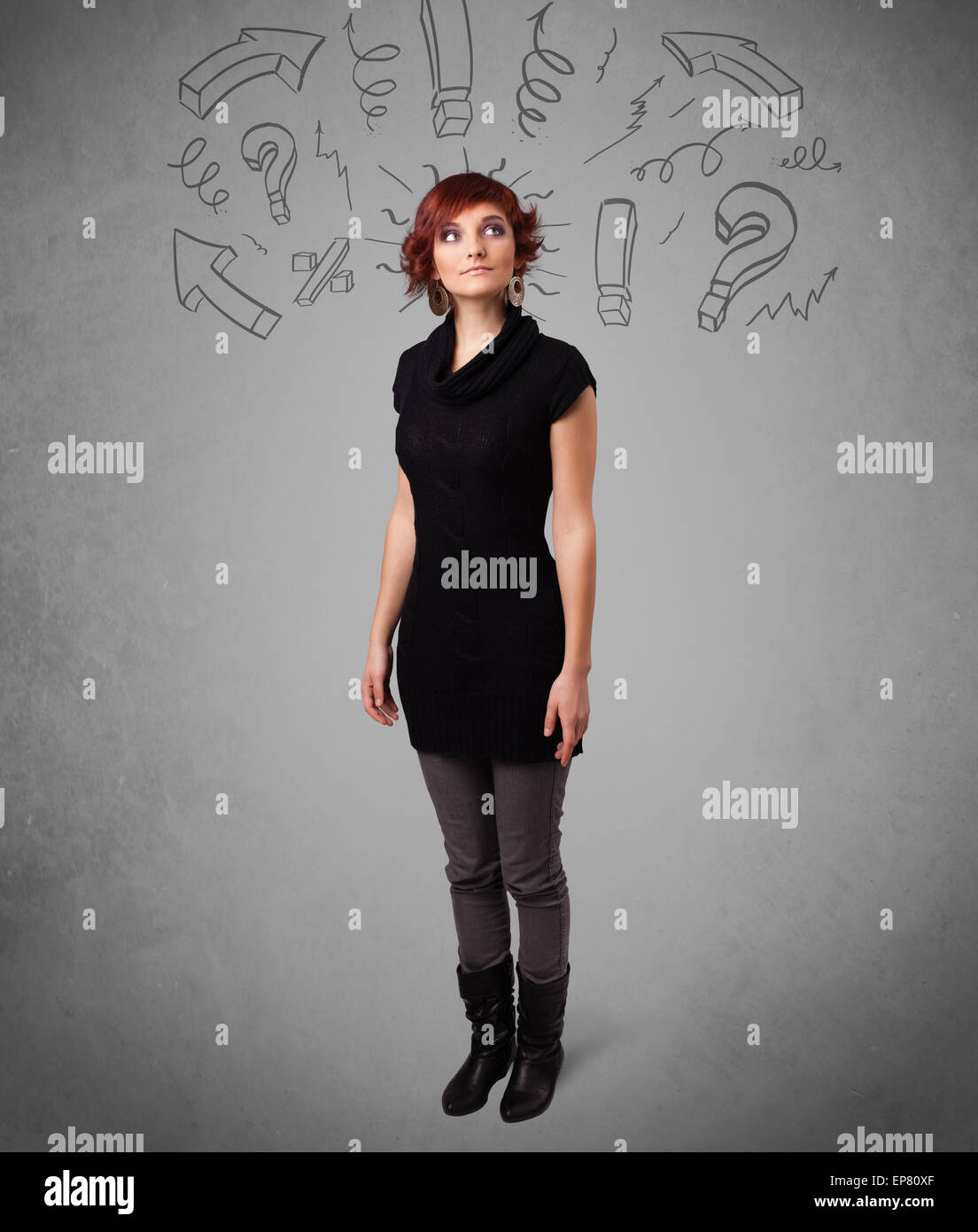 Cute young girl with question sign doodles Stock Photo - Alamy