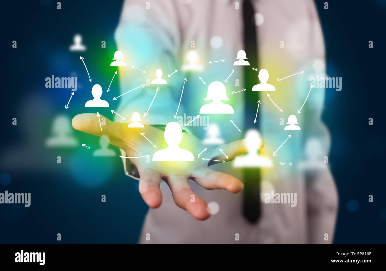 Young businessman presenting modern technology social network map Stock ...