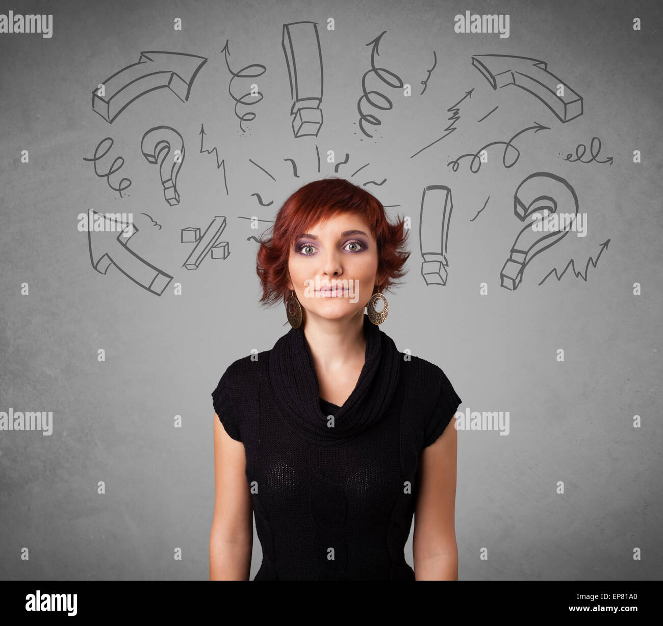 Cute young girl with question sign doodles Stock Photo - Alamy