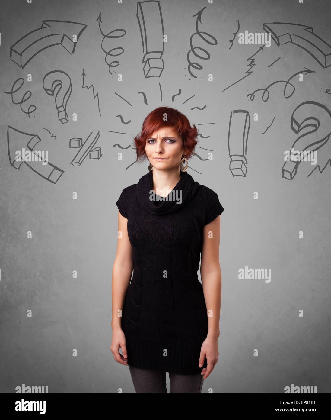 Cute young girl with question sign doodles Stock Photo - Alamy