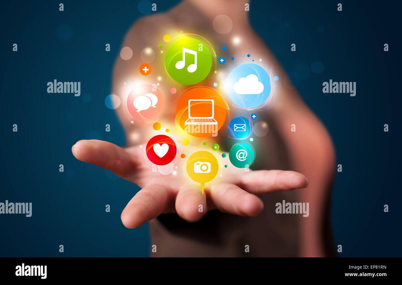 Young woman presenting colorful technology icons and symbols Stock ...