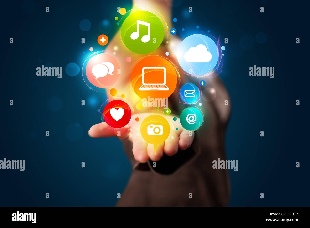 Young woman presenting colorful technology icons and symbols Stock ...