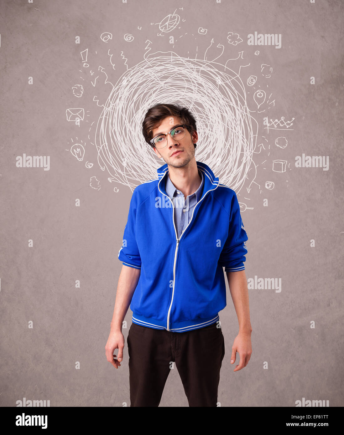 Pretty young girl with abstract circular doodle lines and icons Stock ...