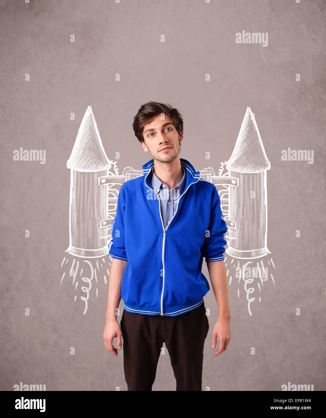 Cute man with jet pack rocket drawing illustration Stock Photo - Alamy