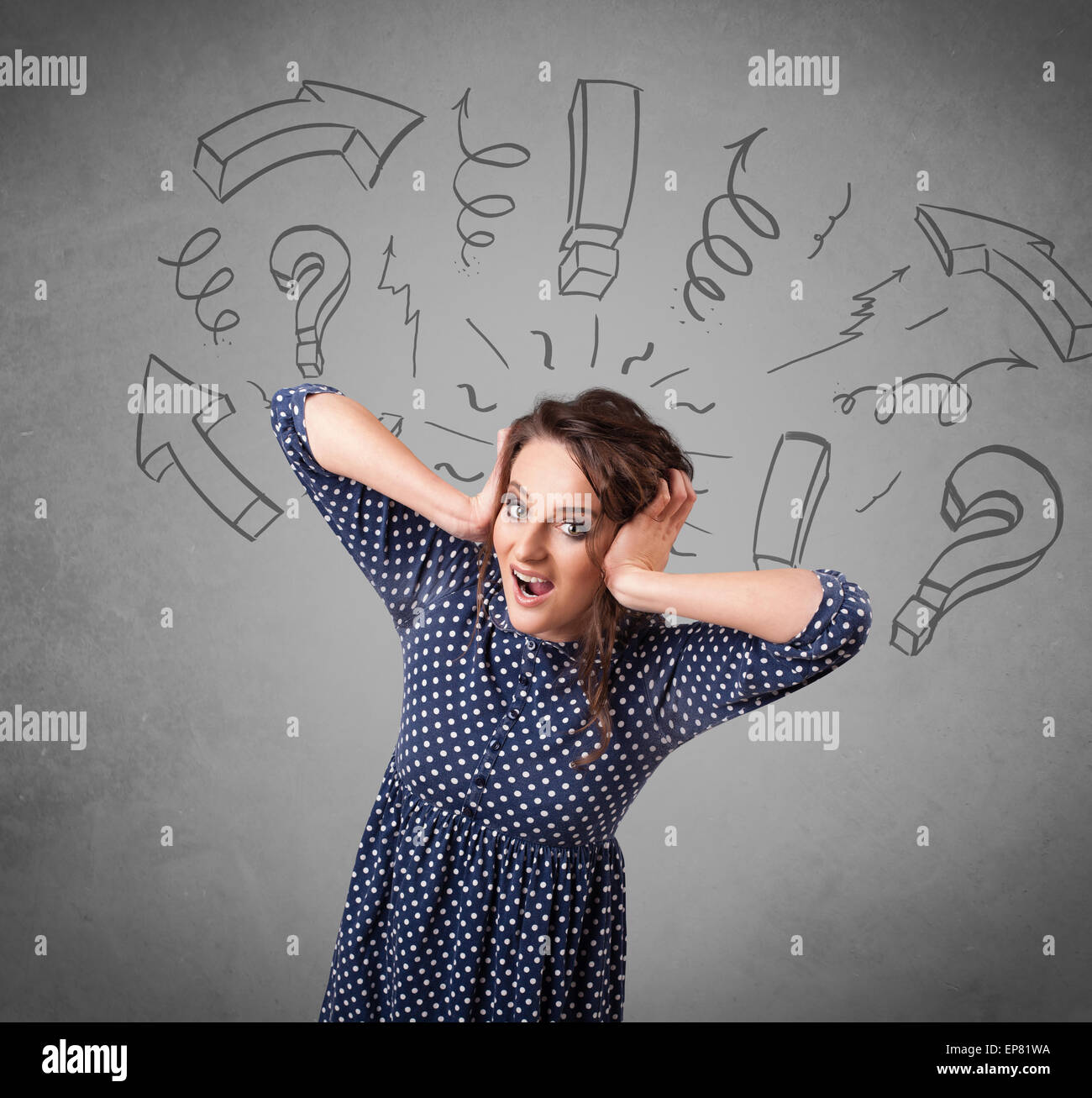 Cute young girl with question sign doodles Stock Photo - Alamy