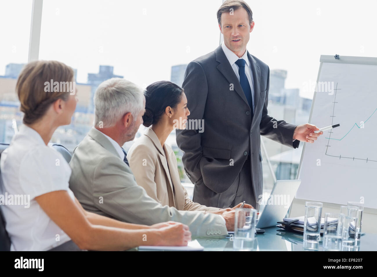Businessman pointing at whiteboard during a meeting Stock Photo - Alamy