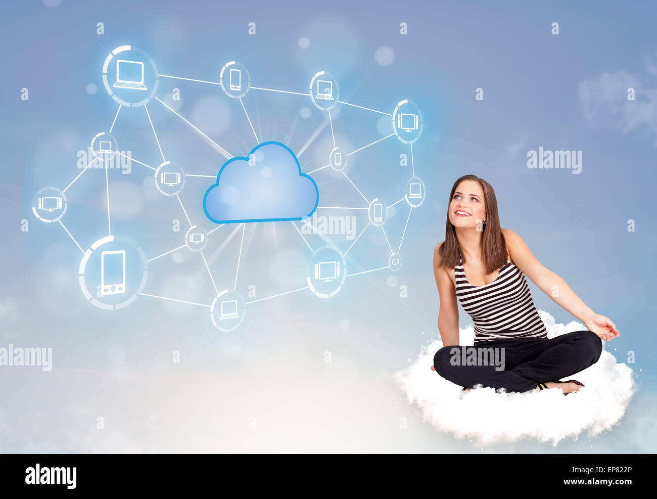 Happy woman sitting on cloud with cloud computing Stock Photo - Alamy