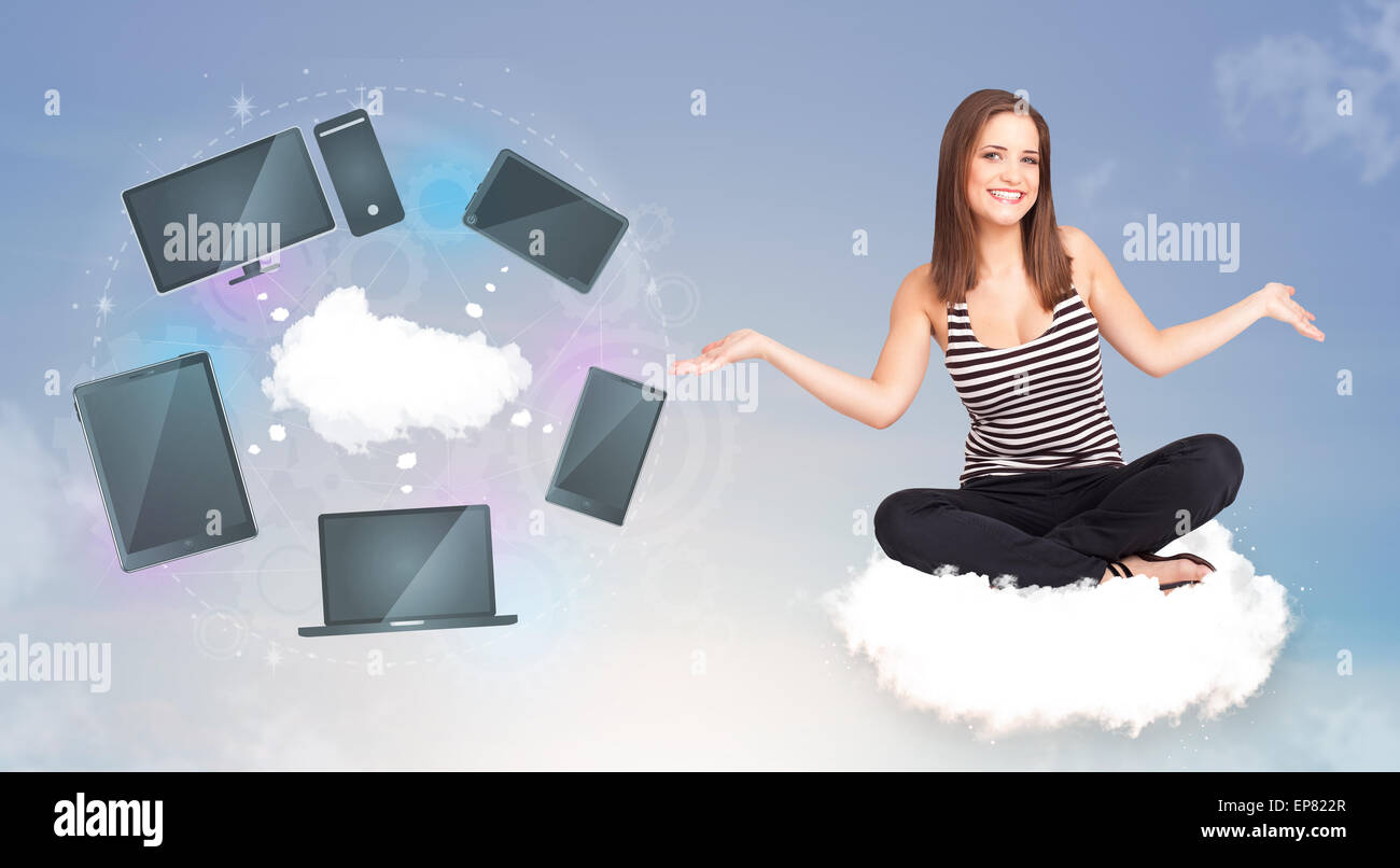 Young girl sitting on cloud enjoying cloud network service Stock Photo ...